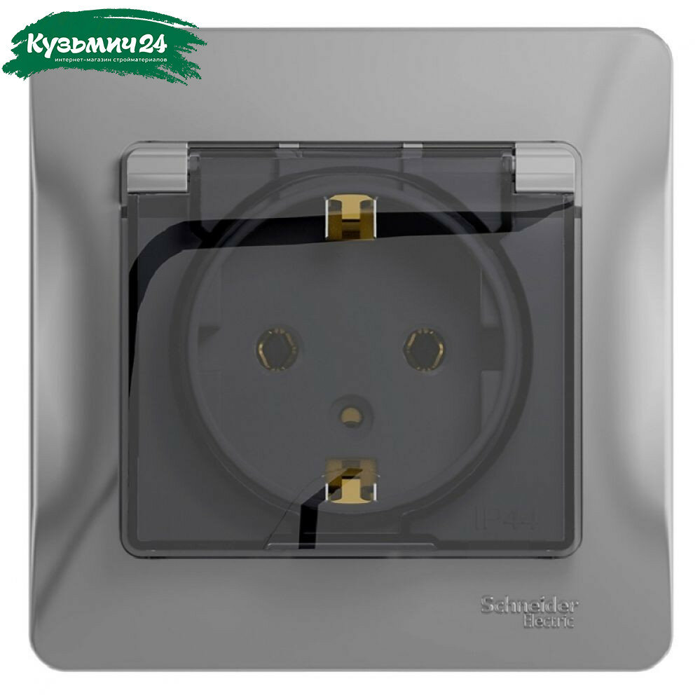 Розетка 1-местная Schneider Electric Glossa GSL000348 с заземлением, крышка, встраиваемая, алюминий