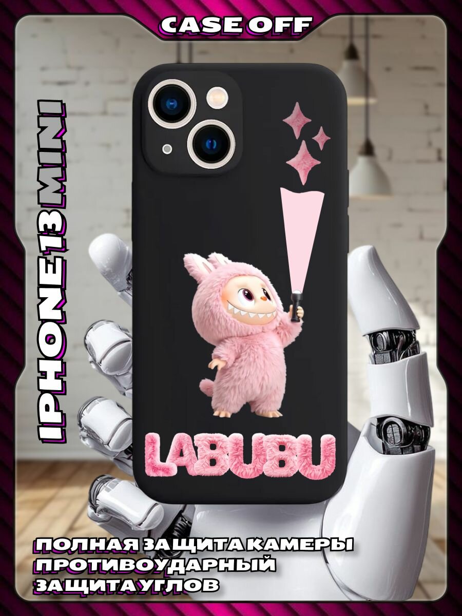 Чехол ZiART (Labubu 2 / Лабубу 2) на iPhone 13 mini силиконовый, с защитой камеры, черный