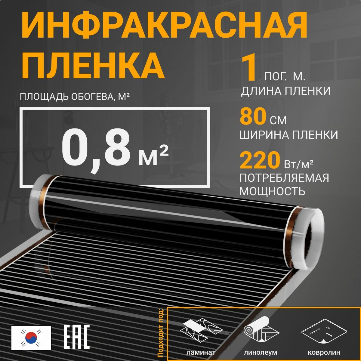 Инфракрасная плёнка для тёплого пола - ширина 80 см. длина 1 м. пог. 220 Вт. под ламинат, линолеум, паркет