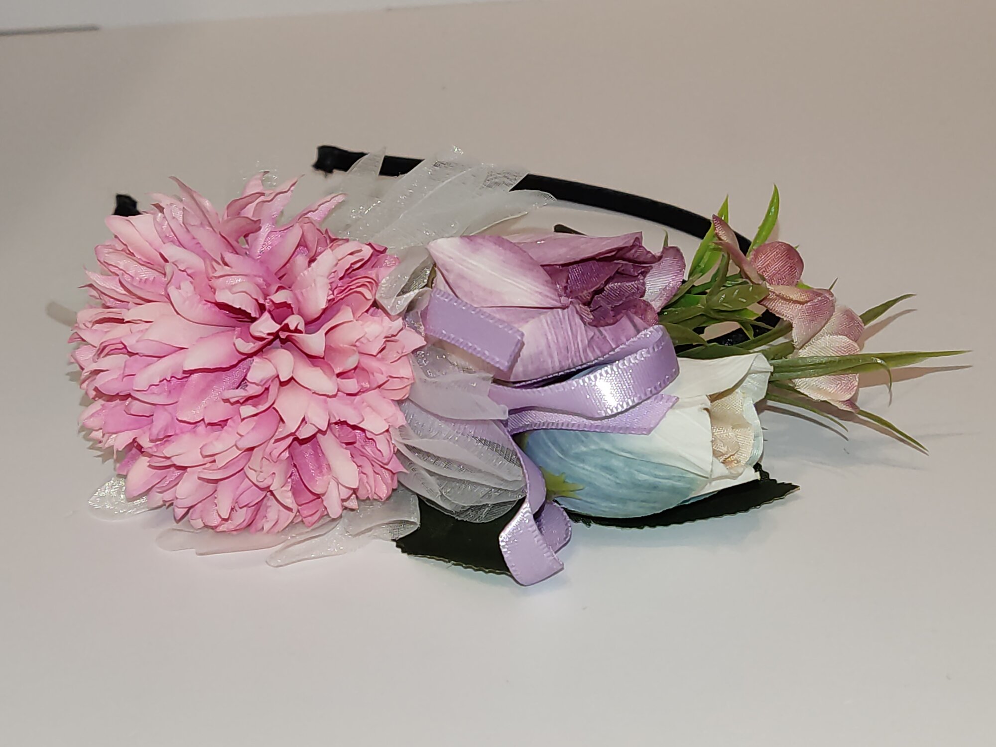 Ободок для волос "Цветы", металл, ручной работы, розовый/голубой/сиреневый1