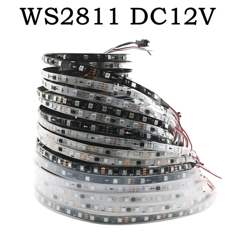 Светодиодная лента WS2811 RGB 30/60 LEDs/m 12/24В WS2811 DC12V, Белый, White PCB, 1M 60 IP30