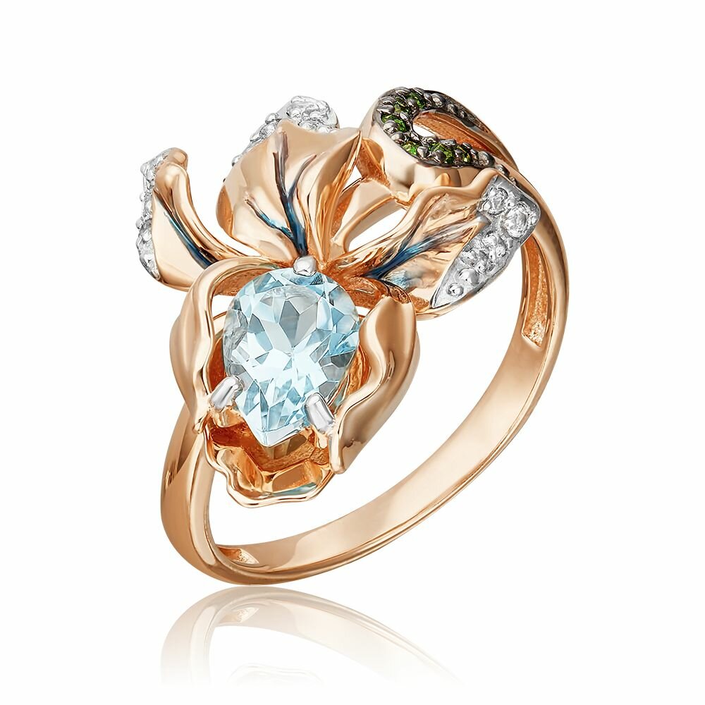 Кольцо, красное золото, 585 проба, хромдиопсид, эмаль, топаз