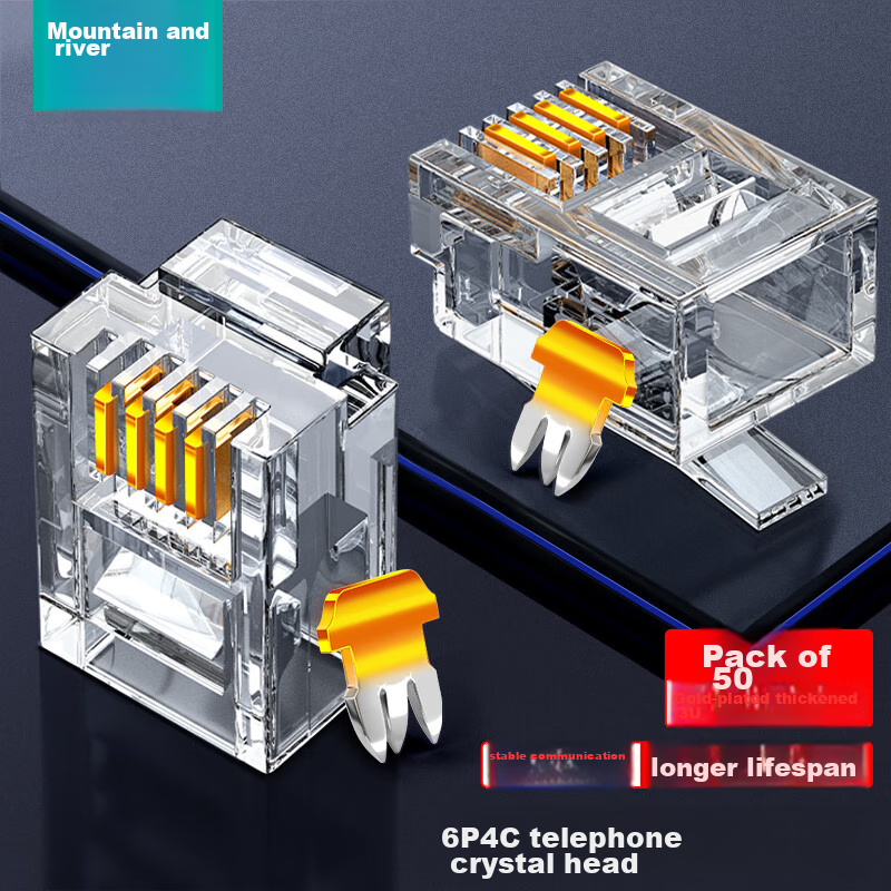 SAMZHE 6P4C Telephone Crystal Head, 4-Core Engineering-Grade Gold-Plated Voice Telephone Line Connector, RJ11 Voice Telephone Line Crystal Head, 50 Pieces, SJ-3650