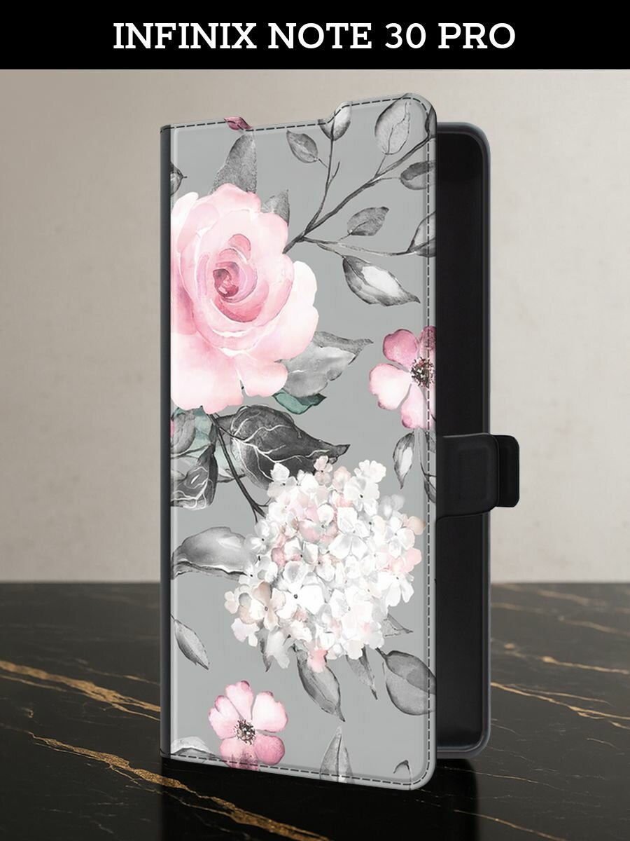 Чехол-книжка на Infinix Note 30 Pro (Инфиникс Нот 30 Про) с картой с цветочками