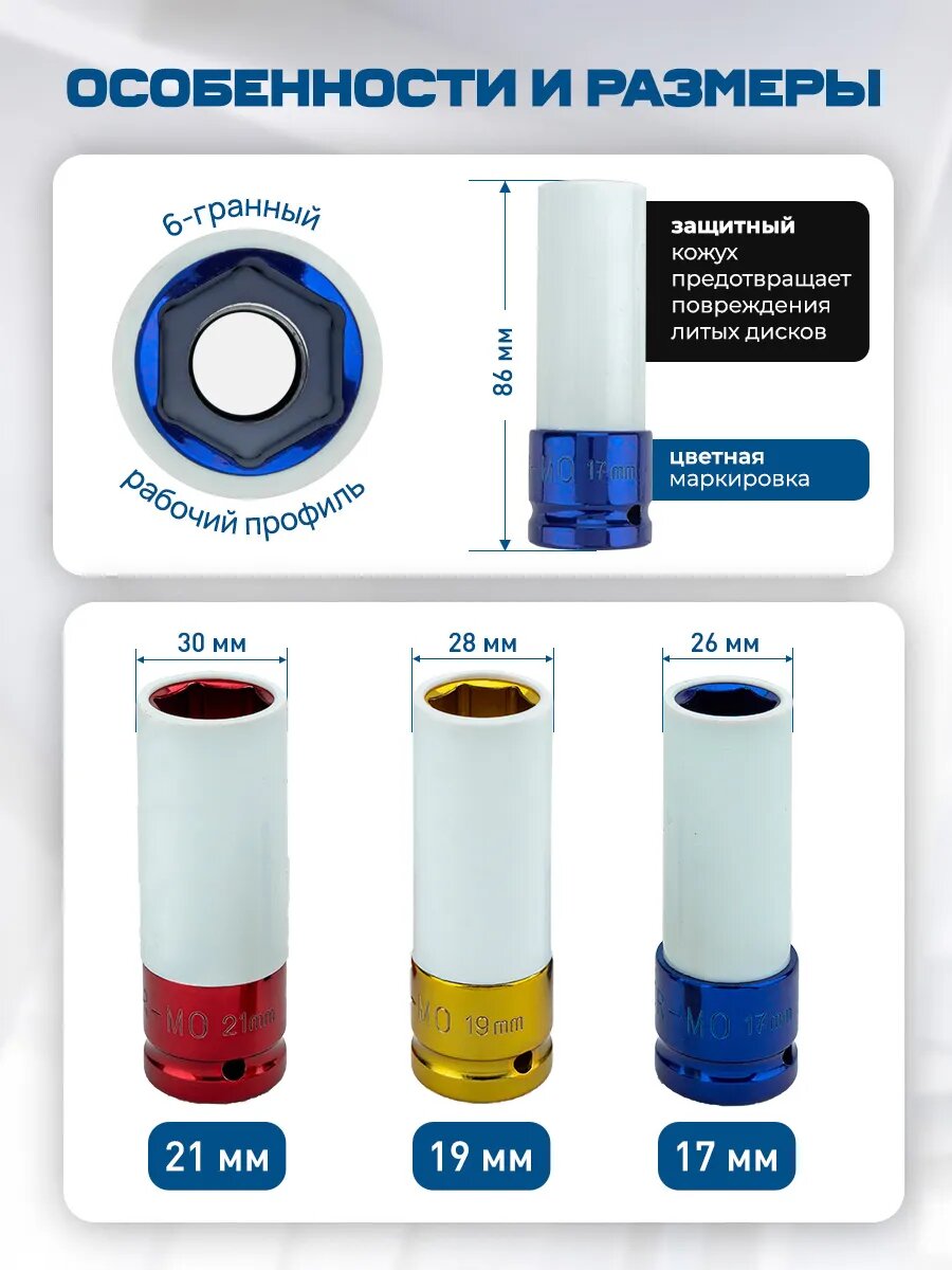 Набор ударных головок тонкостенных 1/2', 3 предмета