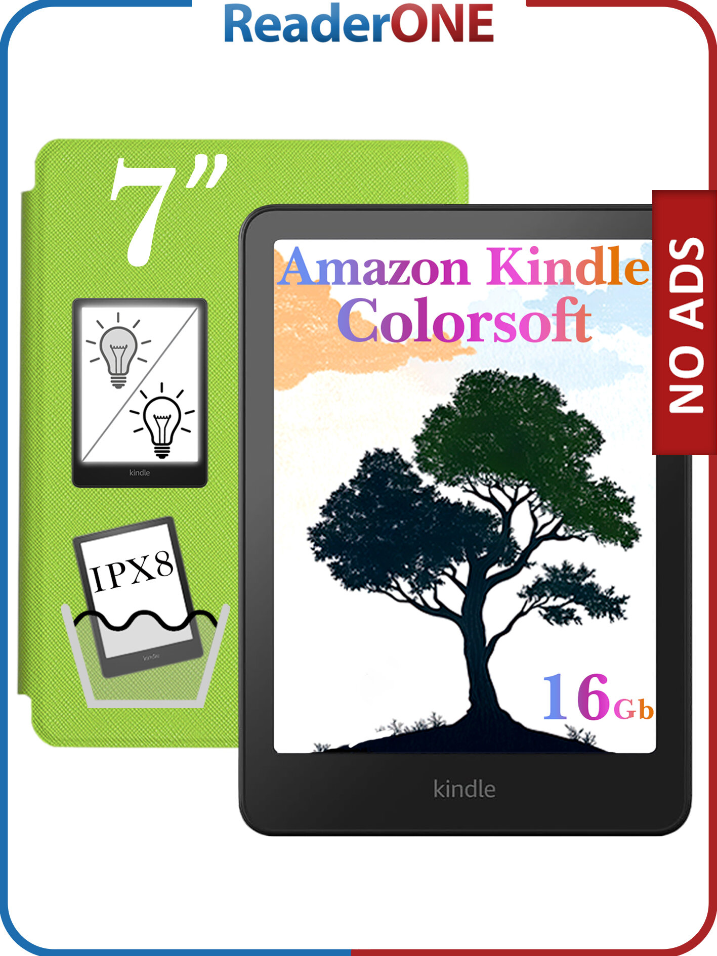 Электронная книга Amazon Kindle Colorsoft, 16Gb, 7 дюймов, E Ink Kaleido 3, черный с обложкой ReaderONE Green