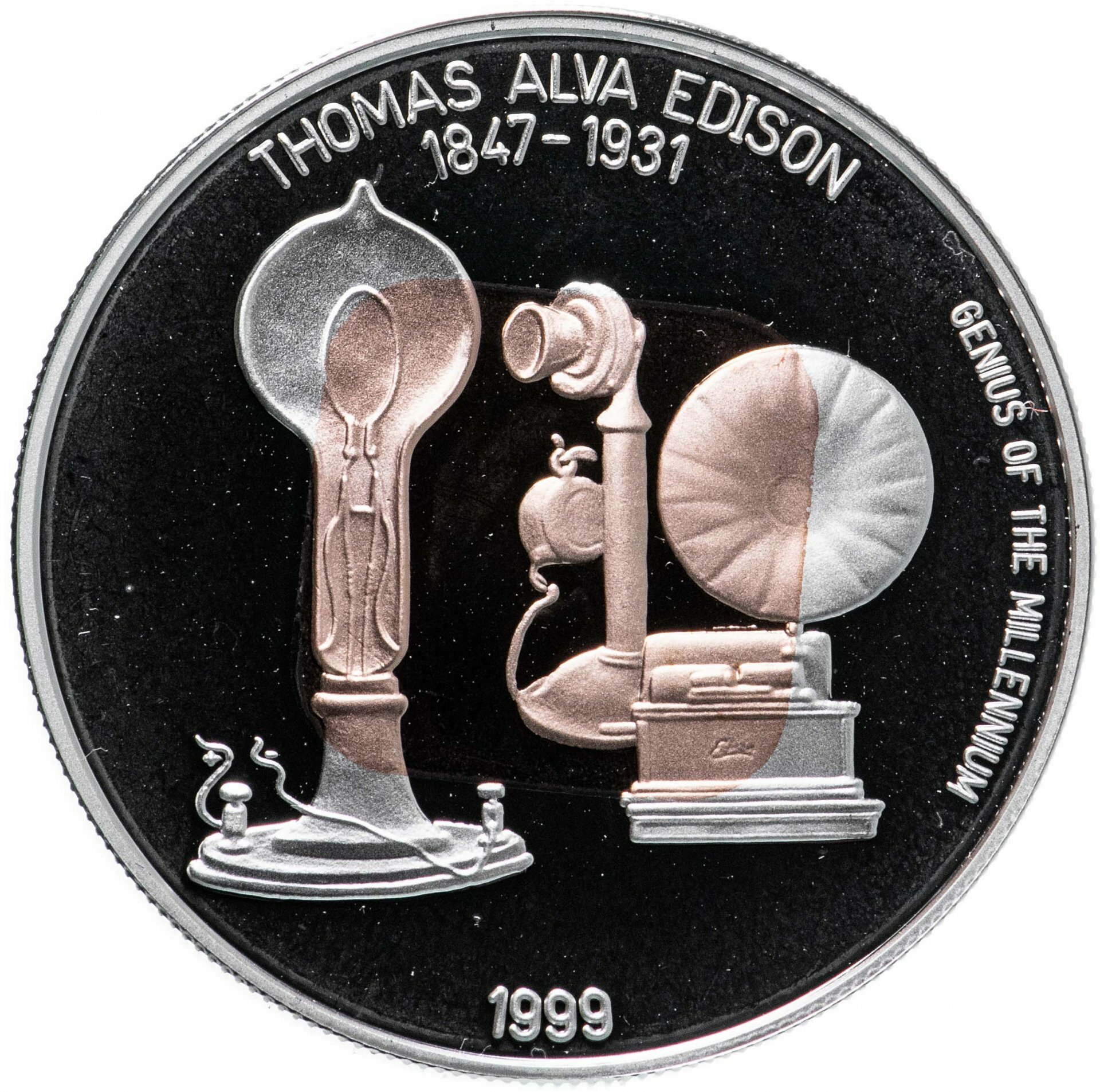 Монголия 500 тугриков 1999 "Томас Эдисон", в футляре, Серебро 925, в сохранности Proof
