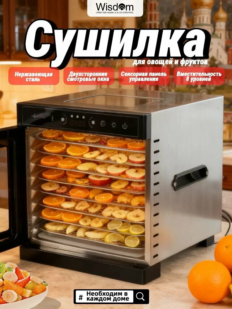 Дегидратор "Wisdom", для овощей и фруктов, 8 слоев, нержавеющая сталь, сенсорный экран