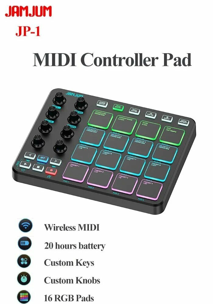 JAMJUM JP-1 Беспроводной MIDI-контроллер, 16 пэдов RGB