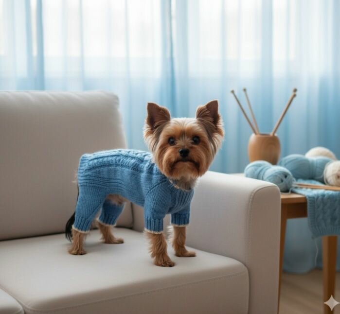 Комбинезон для собак, бирюзовый, вязаный, п/шерстяной, длина 27 см