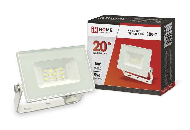 Прожектор светодиодный СДО-7 20Вт 6500К IP65 1800лм 230В бел. IN HOME 4690612034683
