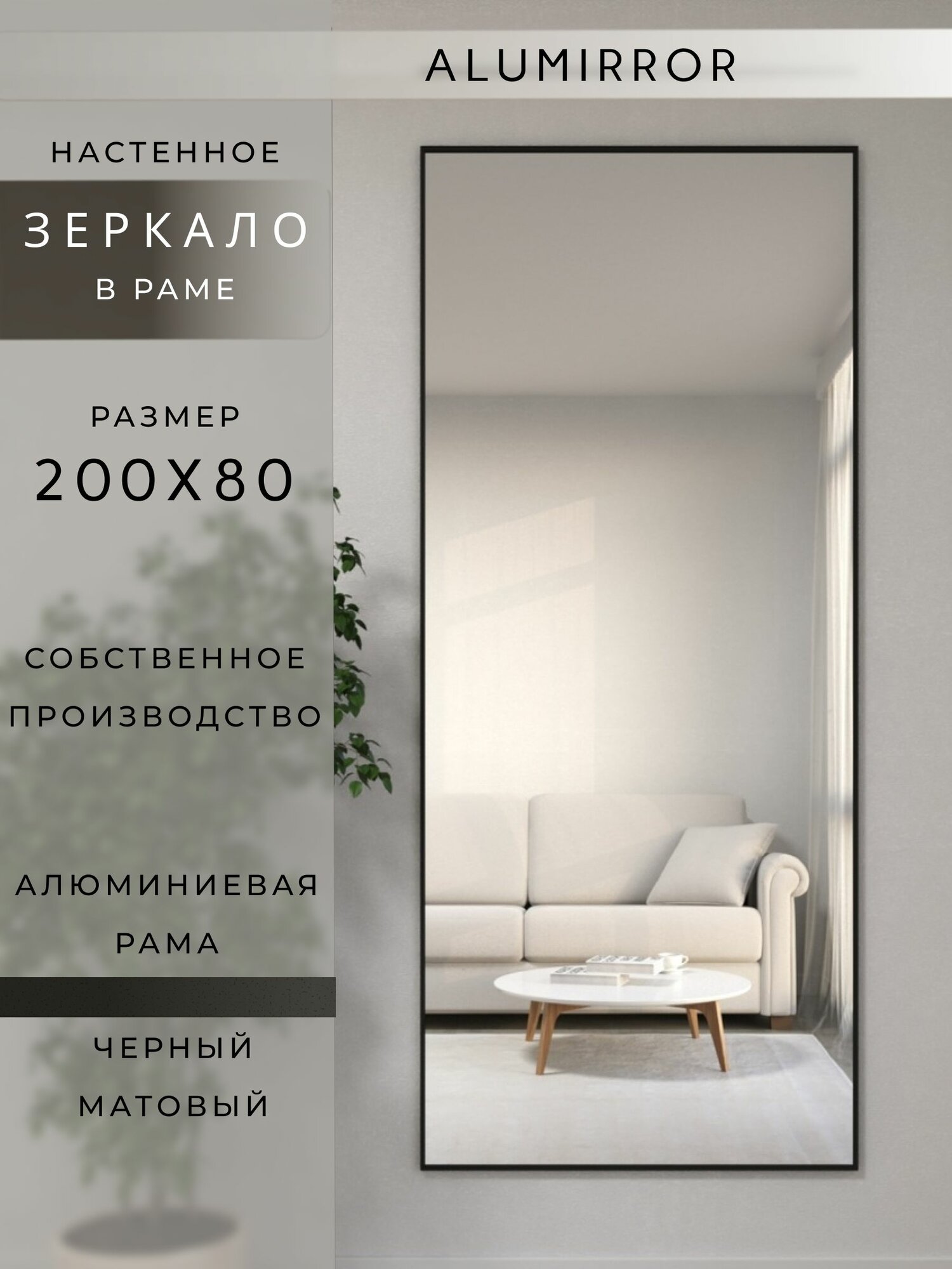 Зеркало настенное 200х80 см. черное в алюминиевой раме интерьерное ALUMIRROR