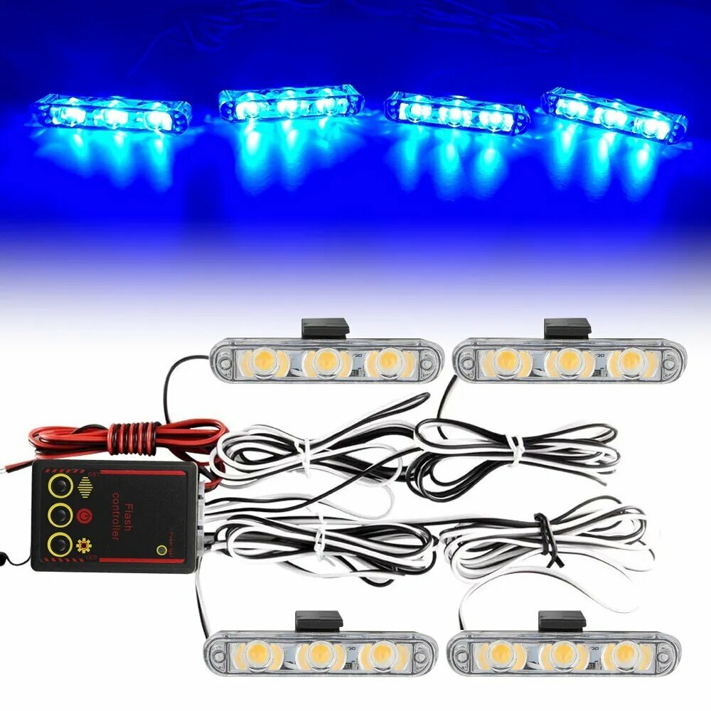 Синий светодиодный стробоскоп на передней решетке радиатора автомобиля, Аварийные сигнальные огни полиции, светодиодная сигнальная лампа-вспышка, дневные ходовые огни 12 В