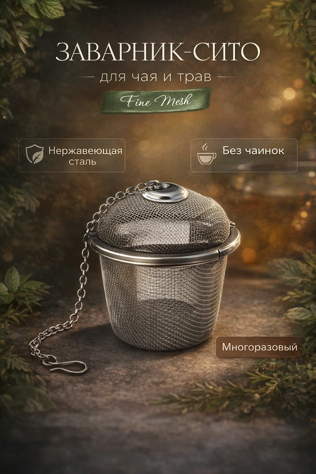 Заварник-сито для чая и трав, нержавеющая сталь, мелкая сетка, с цепочкой, многоразовый