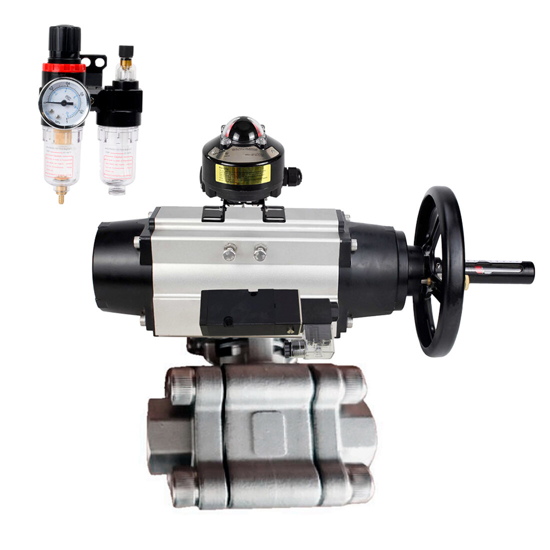 Кран шаровой DN.ru 316-316-PTFE-FP-SW-ISO-H Ду100 Ру63 полнопроходной, корпус - нерж. сталь SS316, под приварку, с пневмоприводом DA-105-1, пневмораспределителем PND2-S1EM-52-1NC-J08-24VDC, БКВ LSB-510-02ExM12-250, БПВ APU1-10-40-V08 (опрессовано)