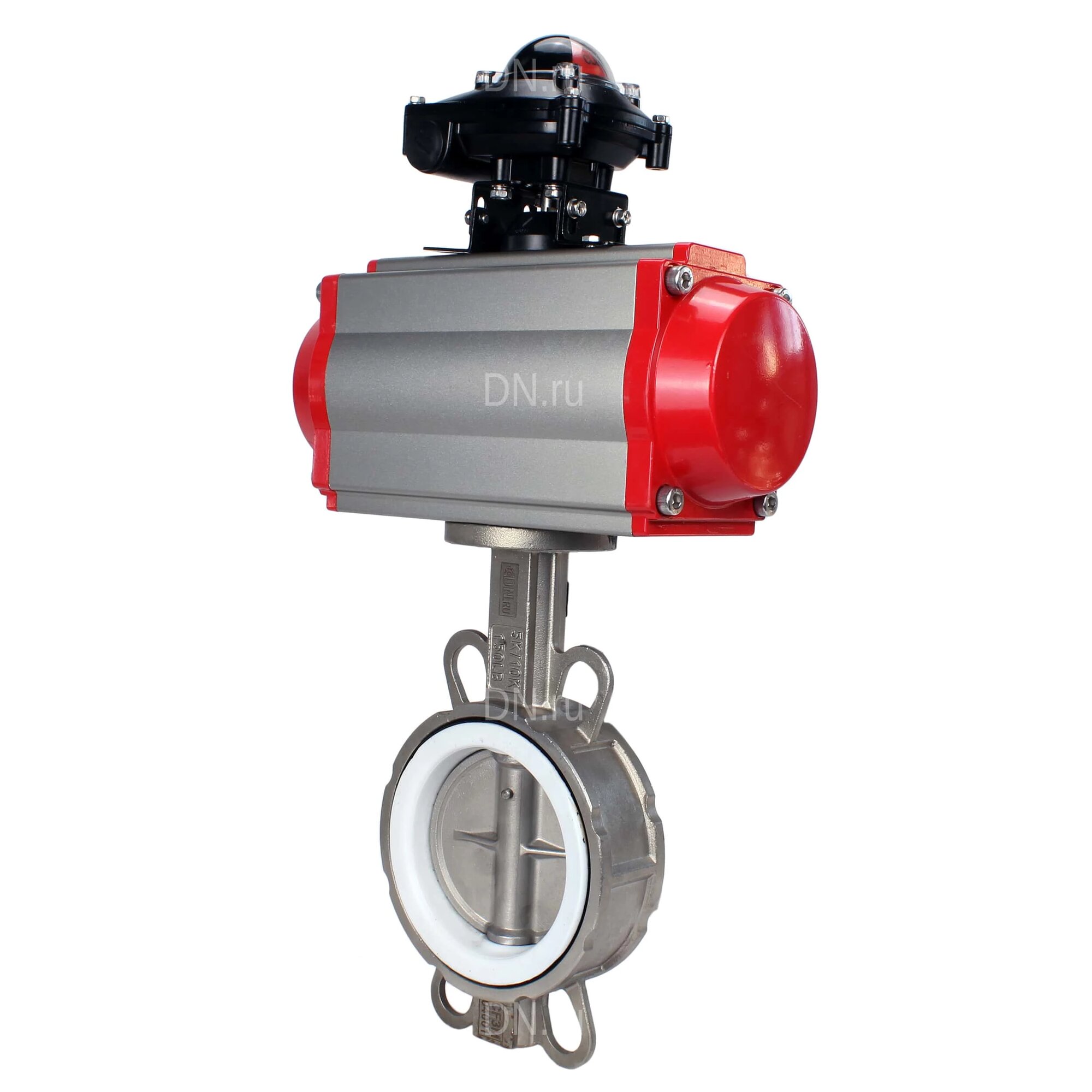Затвор дисковый поворотный DN. ru 304-304-PTFE-2W-Fb-H Ду100 Ру16, корпус - нержавеющая сталь 304, диск - нержавеющая сталь 304, уплотнение - PTFE, с пневмоприводом DA-083 и БКВ LSB-410-02ExM12-250
