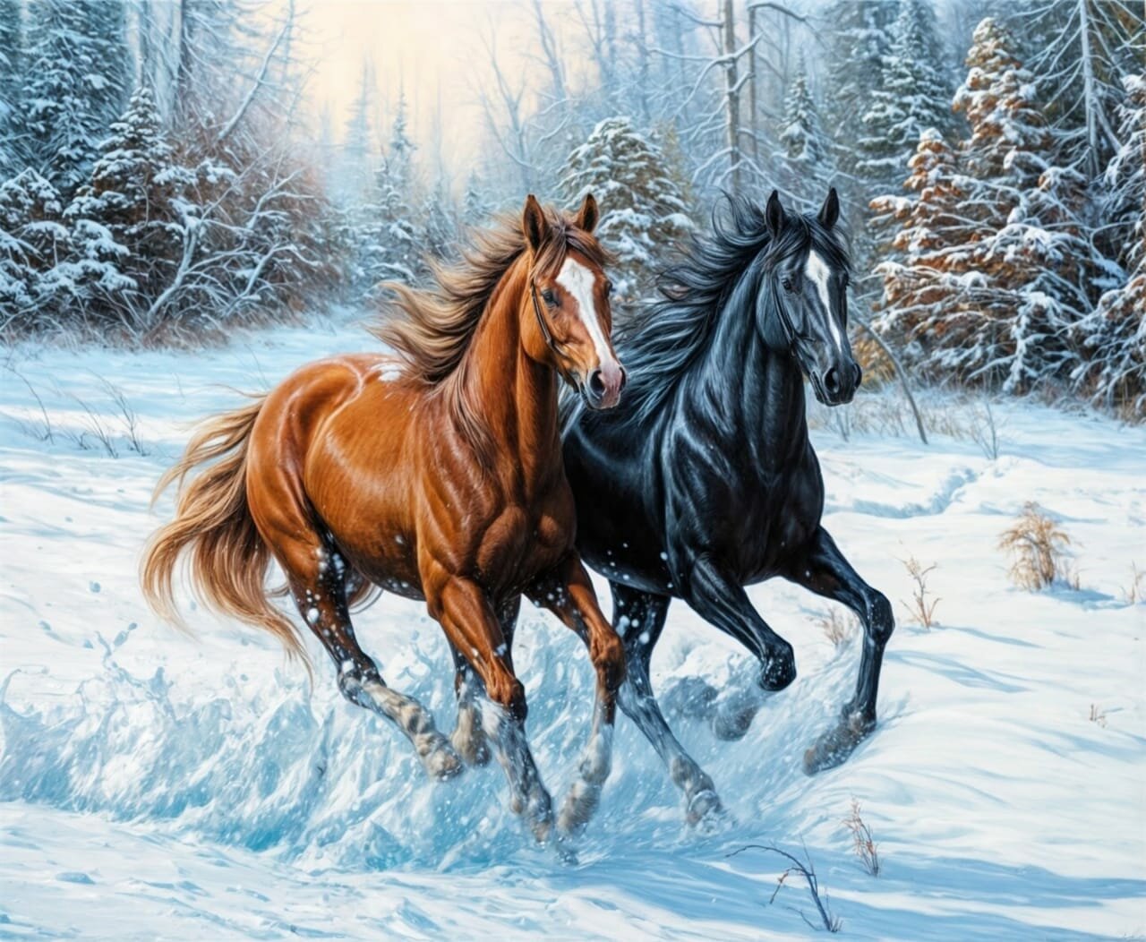 Алмазная мозаика "Бегущие лошади - приносят удачу и богатство". На подрамнике, 5D, 40x50 см