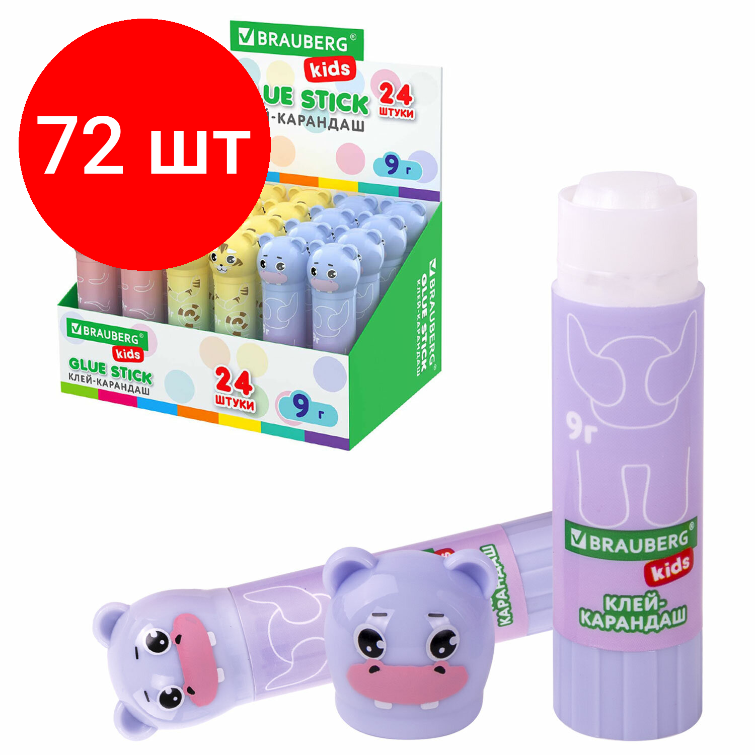 Комплект 72 шт, Клей-карандаш "Пастельные зверята: мышка, тигр, бегемот", 9 г, фигурный колпачок, BRAUBERG KIDS, 271140