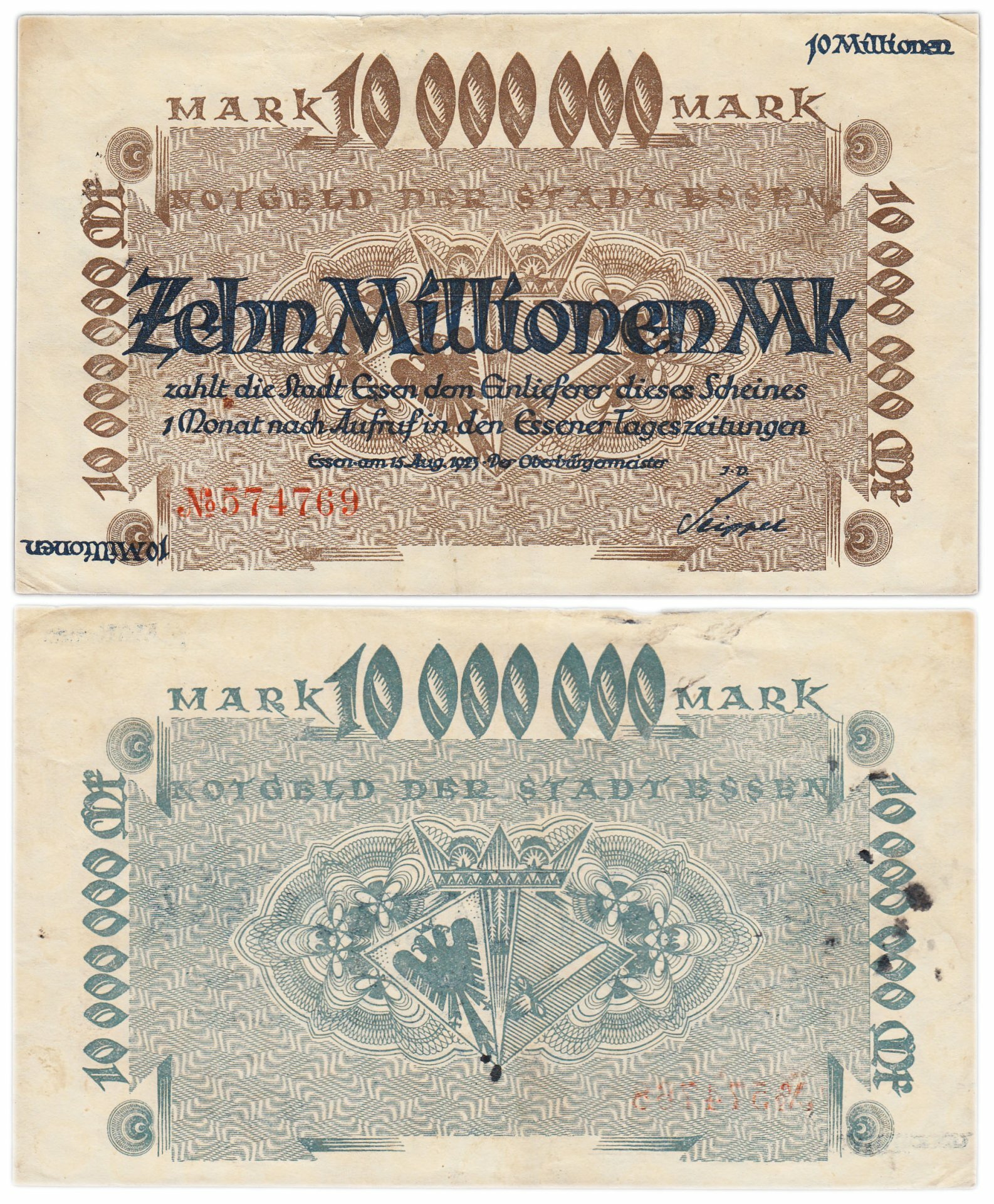 Германия 10000000 марок 1923 год Эссен Essen Нотгельд