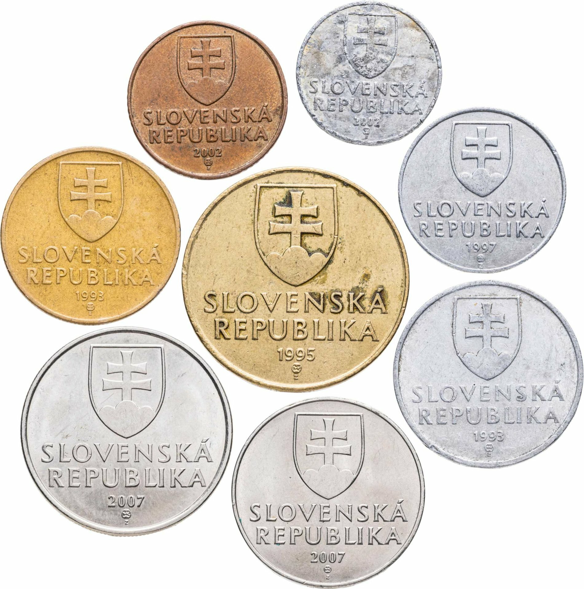 Словакия набор монет для обращения 1993-2007 8 штук, Алюминий, Сталь с медным покрытием, Сталь с бронзовым покрытием, Сталь с никелевым покрытием, Латунь