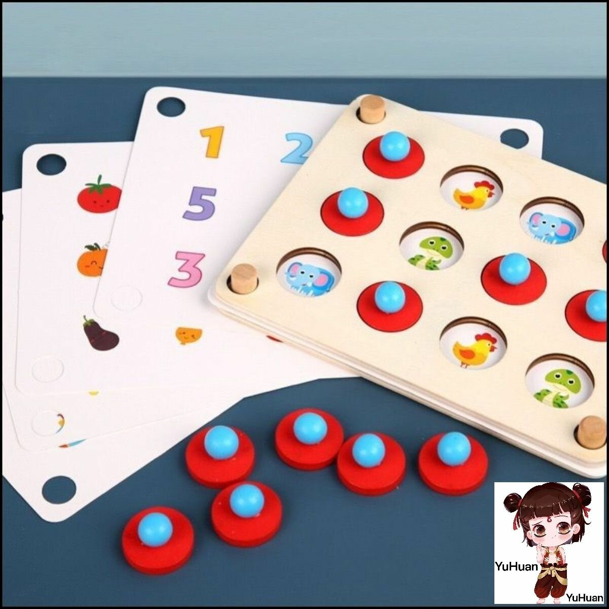 Мемори игра для детей для тренировки памяти, Деревянная обучающаяигра - 10 полей с рисунками (5 двусторонних карточек)