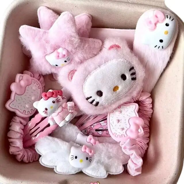 Набор из 15 розовых плюшевых аксессуаров Hello Kitty в японском стиле, детские аксессуары для волос с изображением мультяшной Hello Kitty, милые боковые заколки и резинки для волос.