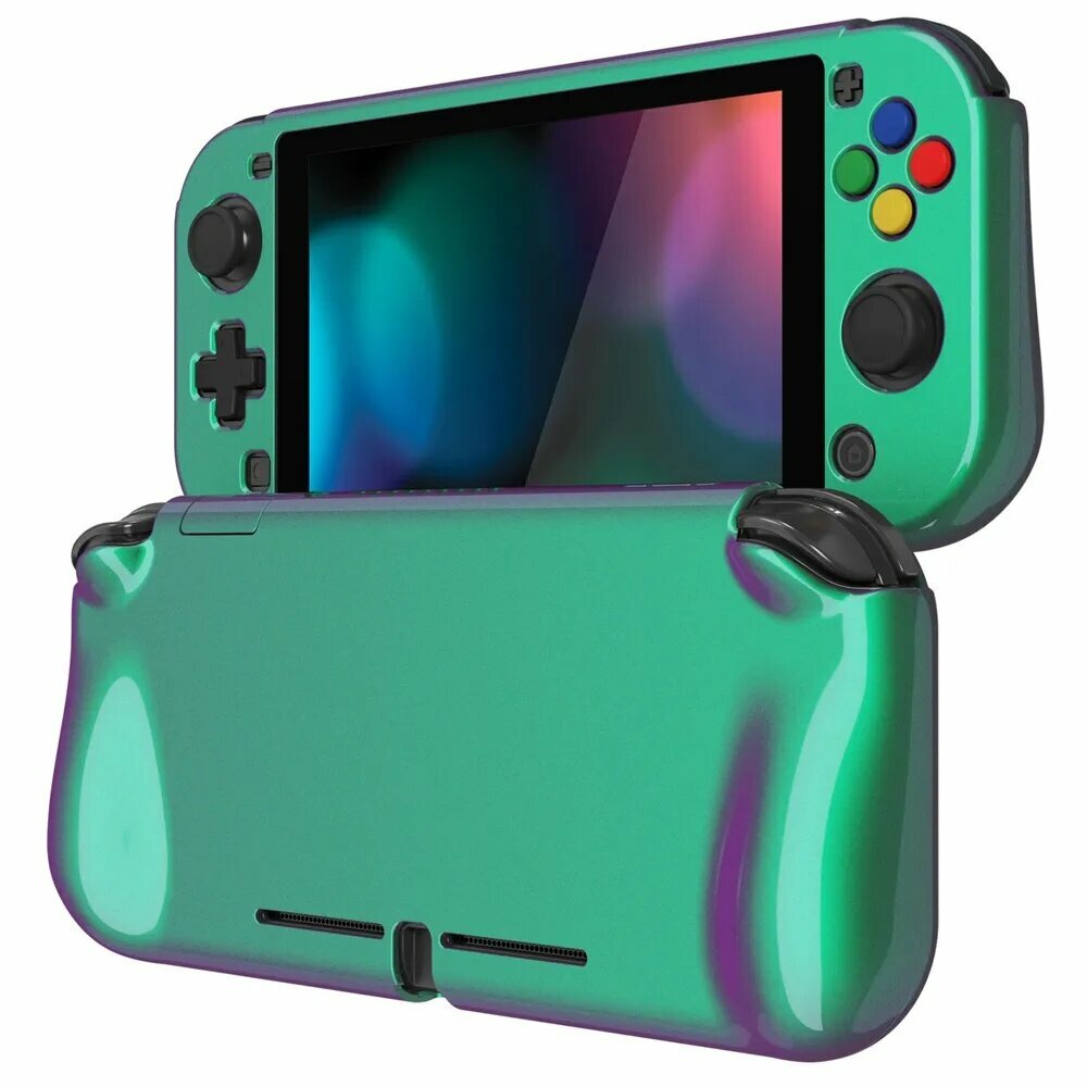 PlayVital ZealProtect Чехол для Switch Lite, жёсткий эргономичный, с защитным стеклом и насадками на стики, хамелеон зелёно-фиолетовый