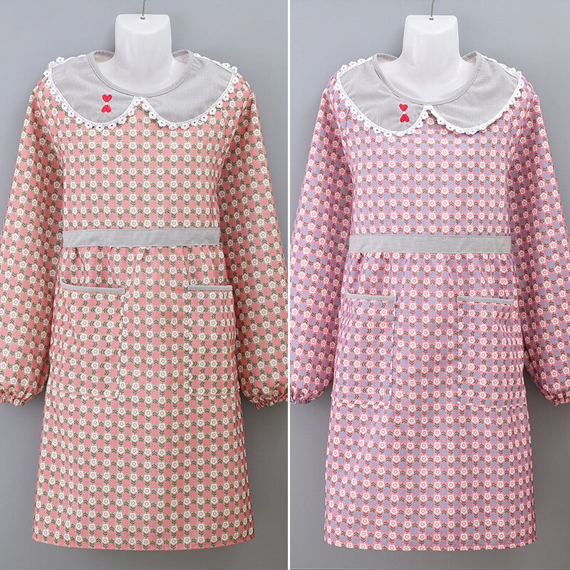 Фартук с длинным рукавом и воротником-куклой с двойными карманами, хлопковая ткань, женский фартук для дома и кухни, маслостойкий фартук для готовки