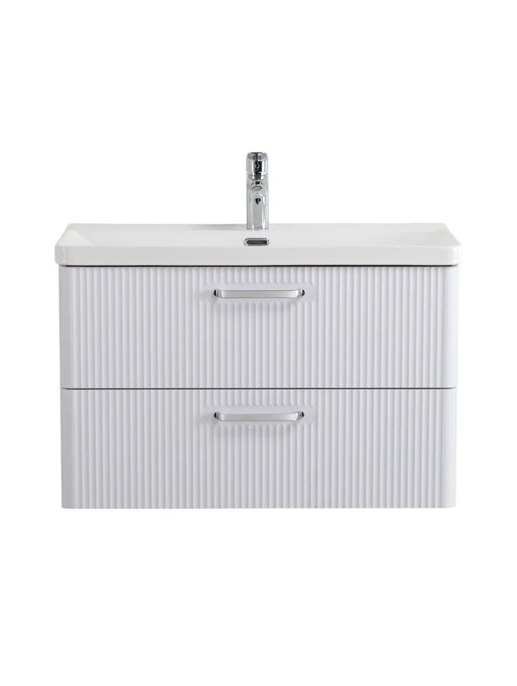 Тумба с раковиной BelBagno Due 80 подвесная, 81 см, белая, матовая, из МДФ, с ящиками, раковина для ванной, фаянсовая, прямоугольная