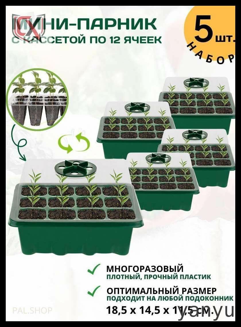 Мини парник для рассады на подоконник пластиковый, 5 комплектов по 12 ячеек, мини теплица для растений с крышкой и вентиляцией, поддон для рассады