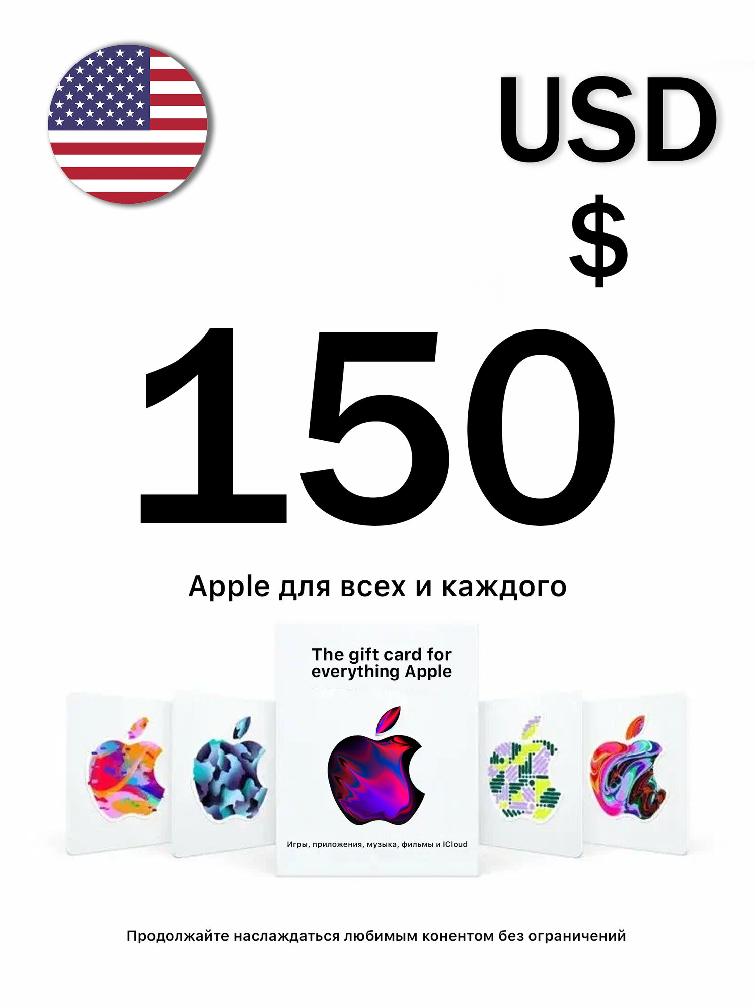 Подарочная карта Apple / Карта оплаты Apple (Пополнение счёта App Store и iTunes) на 150 долларов
