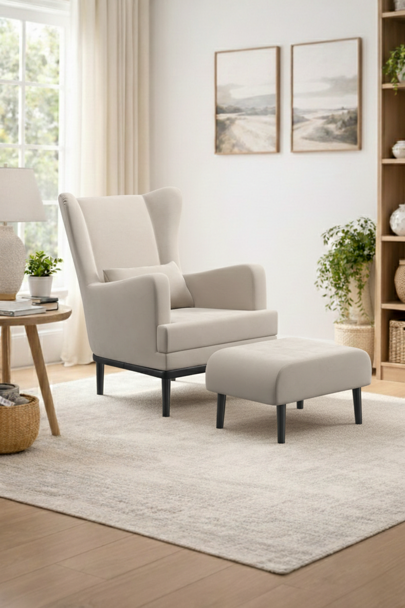 Комплект мягкой мебели кресло и пуф Оскар антивандальный велюр cream