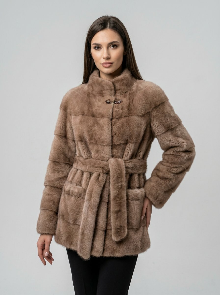 Полушубок из норки с поясом, бежевый, размер 48 (M)