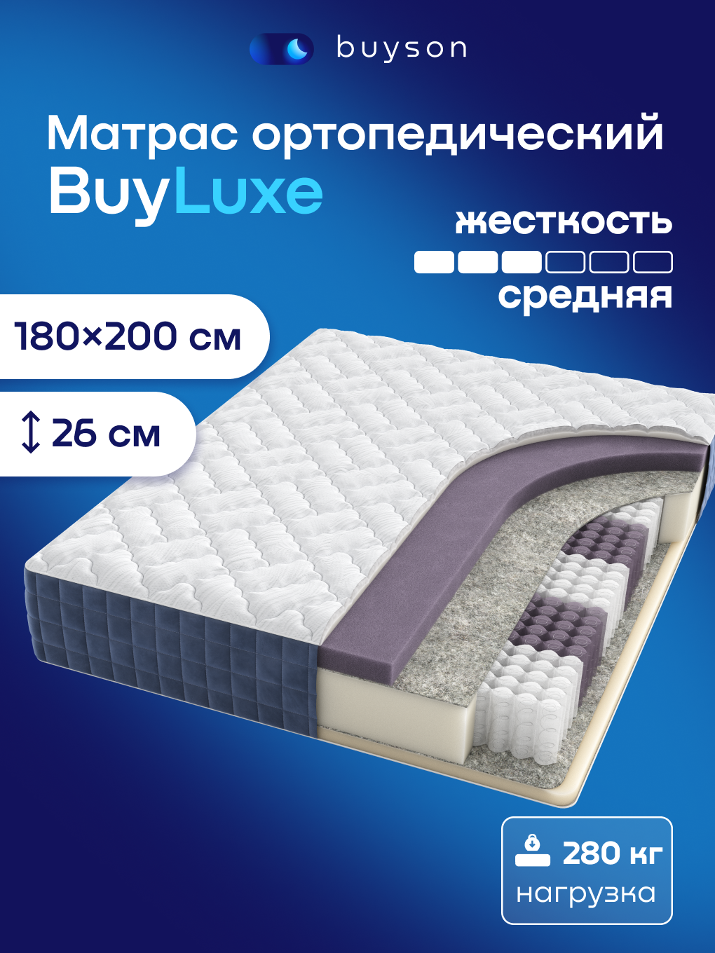 Ортопедический матрас buyson BuyLuxe, 180х200 см, независимые пружины