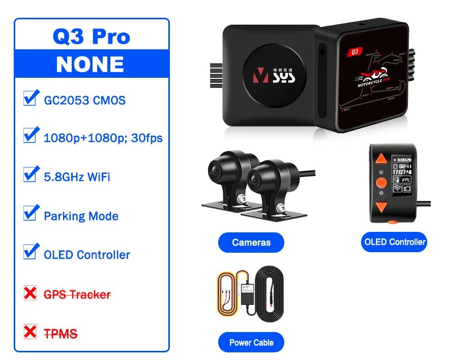 VSYS Q3 Pro Мотоциклетный видеорегистратор 5 ГГц Wi-Fi с передним и задним водонепроницаемым Q3 Pro