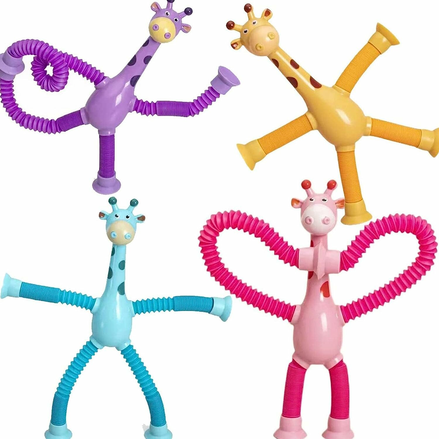4Pcs Telescopic Suction Cup Giraffe , Cartoon Telescopic Pipe Giraffe with Suction Cup, Stretch Tube Giraffe with Light, Giraffe Puzzle Parent-Child Interactive without lights, Size 18x14cm, Material ABS