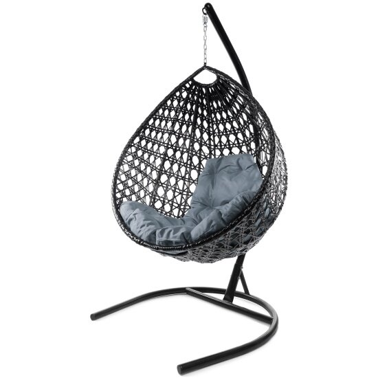 Подвесное кресло M-group капля люкс с ротангом чёрное, серая подушка, шт
