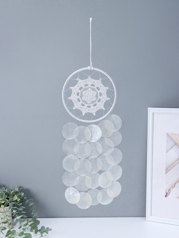 Ловец снов амулет «Паутинка с цветком», перламутр, 25 кружков, d=4.8 см, 15×41 см