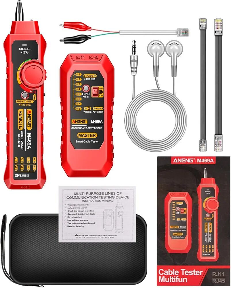 Кабельный тестер ANENG M469A RJ-45+RJ-11 для интернет кабеля, красный, с чехлом