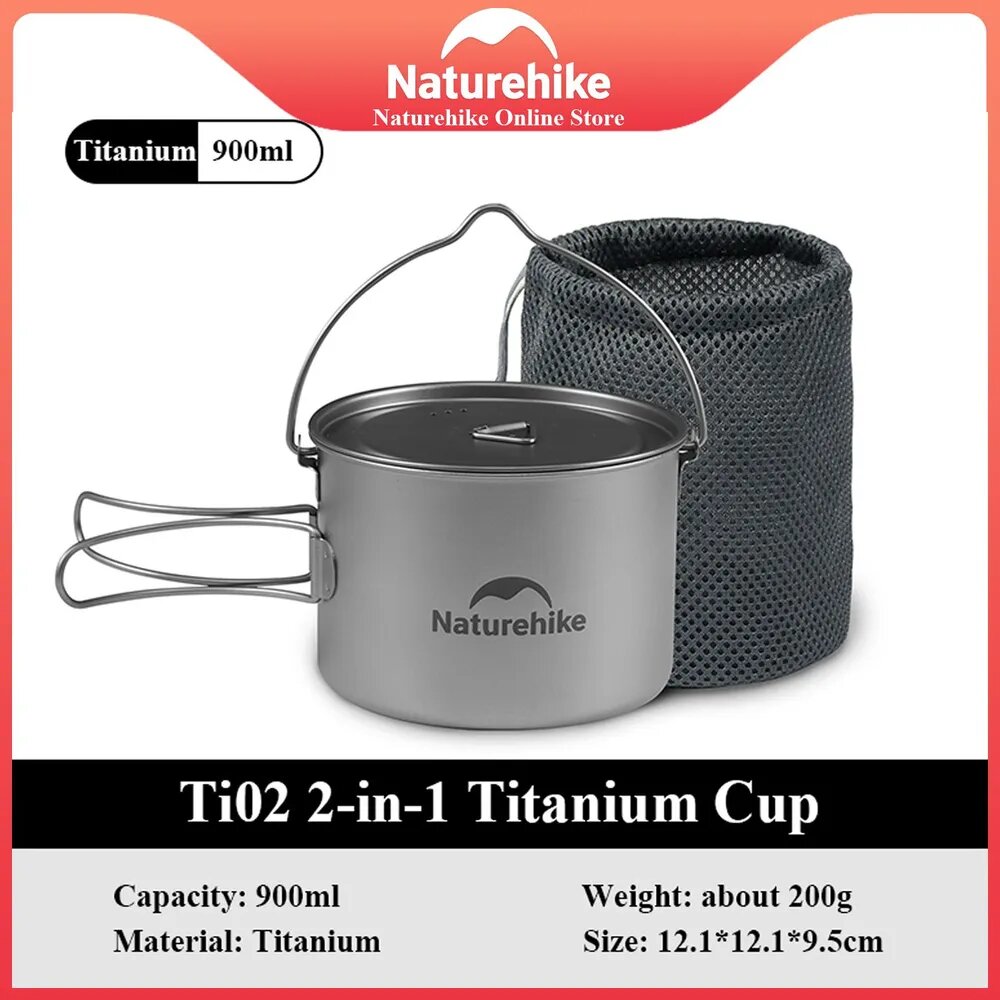 Котелок походный титановый с крышкой на 1-2 персоны Naturehike Ti02, 900мл
