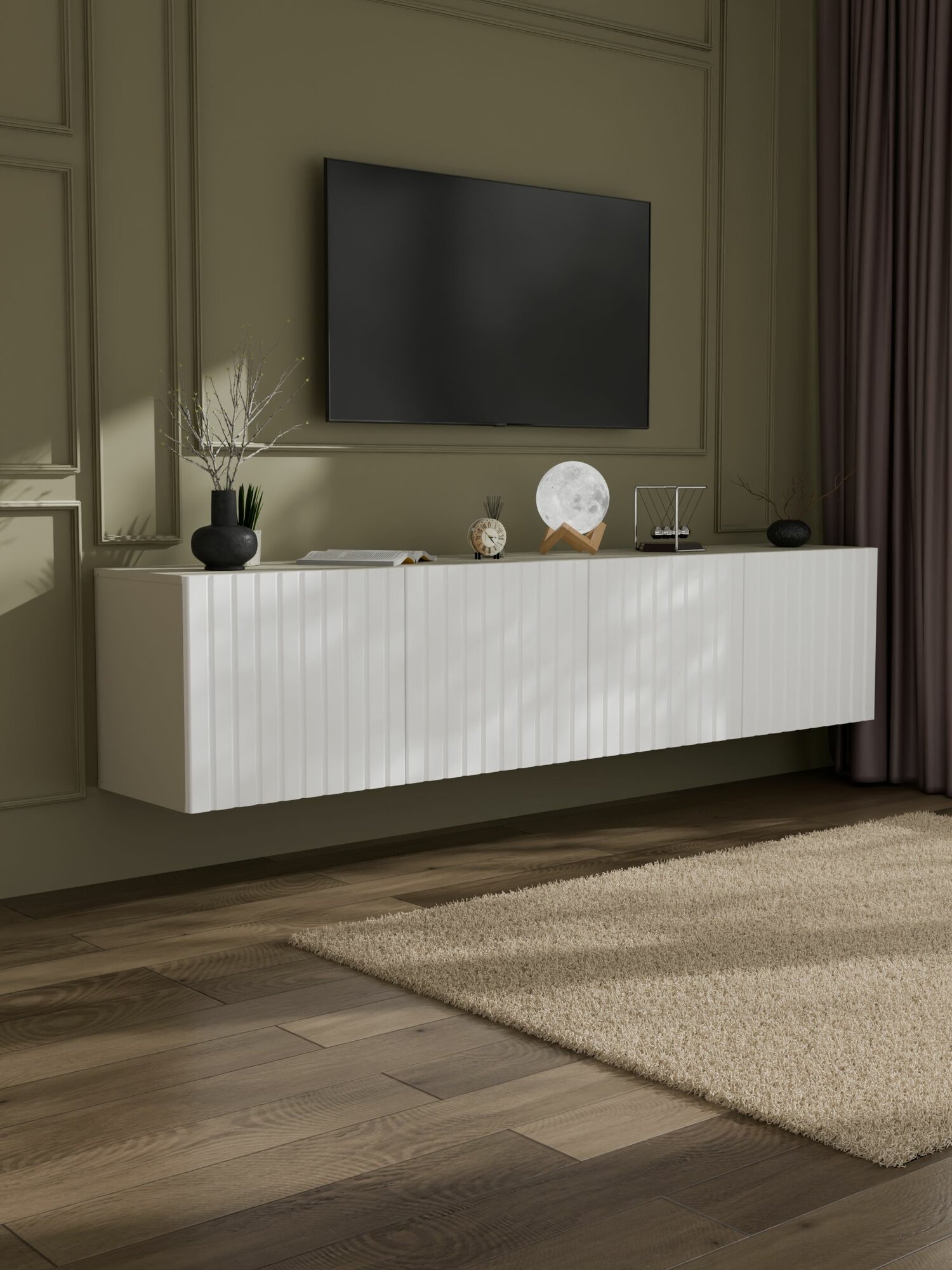 Изумлит Тумба под телевизор Вертикаль 200х44х36.6 см, корпус бежевый/ фасад пленочный белый матовый