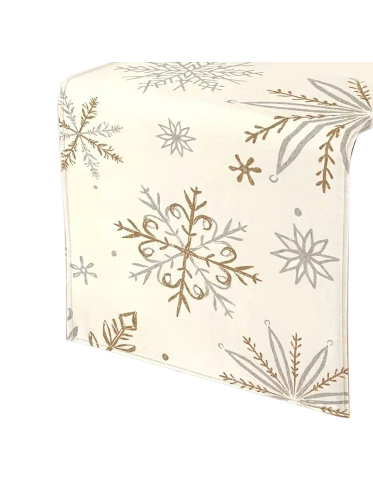 Зимняя скатерть-бегунок со снежинками из льна белого золота по сезону