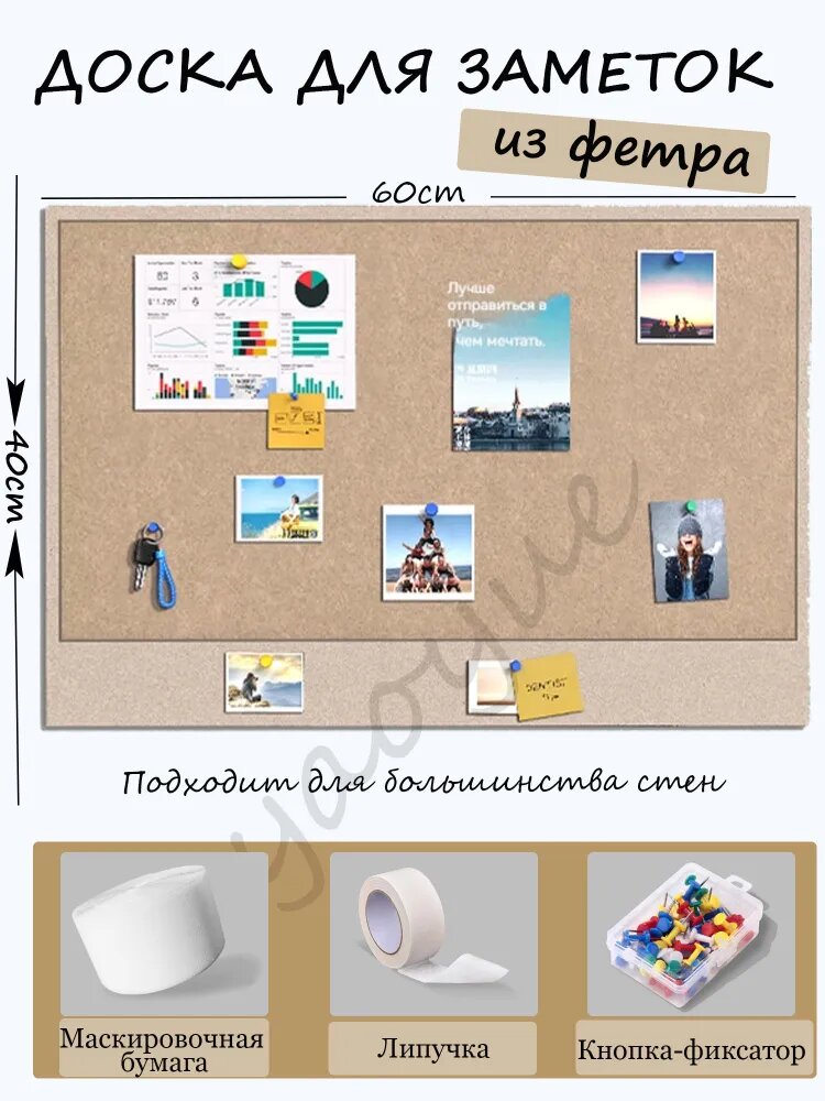 Войлочная фотопанель для размещения на стене, доска для заметок, без перфорации, 60х40 см