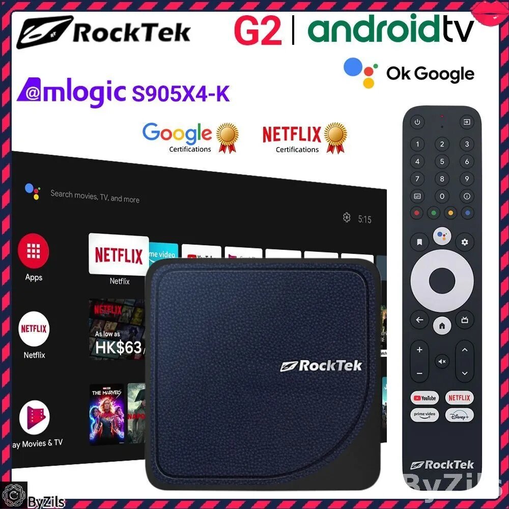 RockTek G2 Android TV Box Караоке-система с Google и Netflix Сертификацией, Amlogic S905X4-K, 4 ГБ DDR4, 64 ГБ eMMC