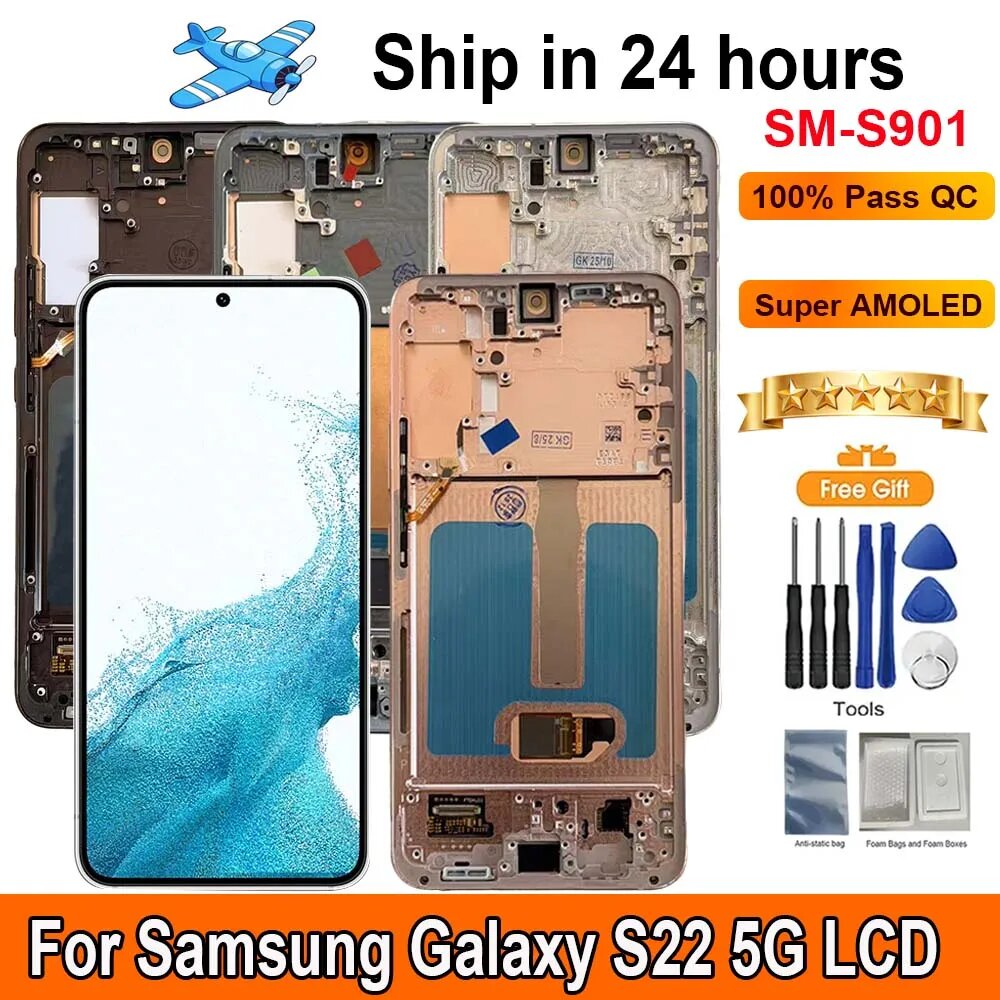 6,1-дюймовый AMOLED-дисплей для Samsung Galaxy S22 5G, сенсорный ЖК-экран с рамкой, EU Purple Frame