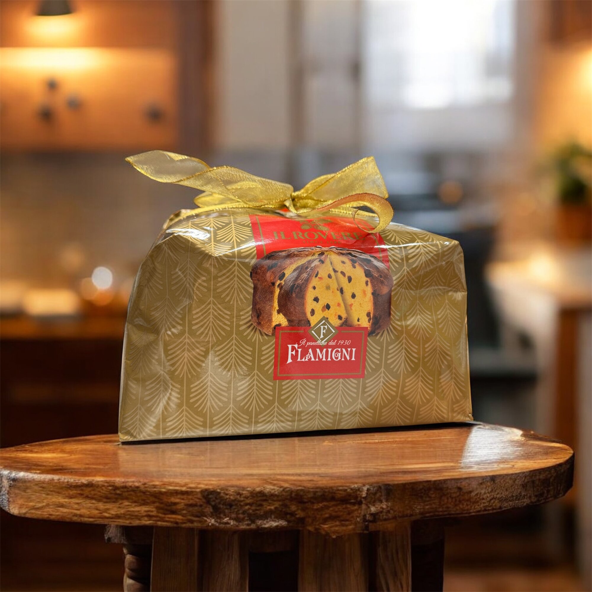 Панеттоне Миланский с изюмом и цукатами, золотая бумага с цветком, FLAMIGNI, 1 кг