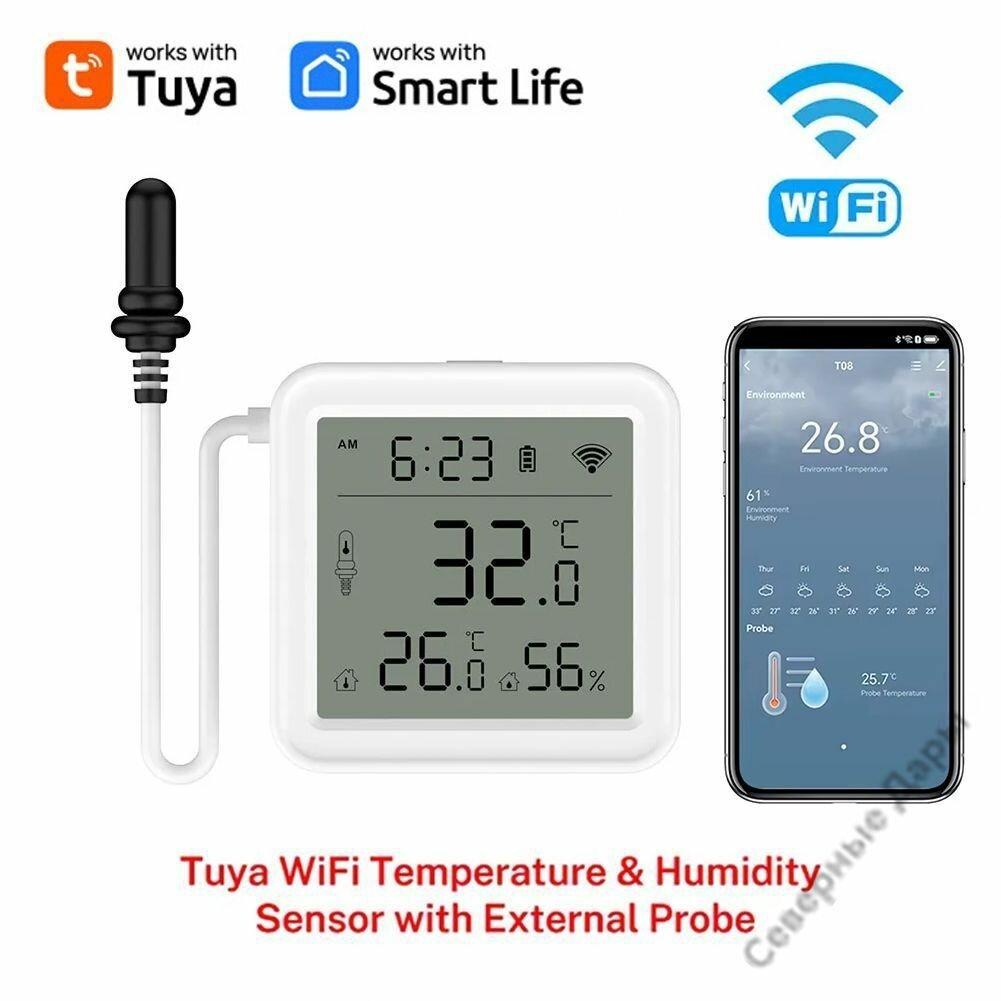 Умный Wi-Fi датчик температуры и влажности с внешним зондом и дисплеем