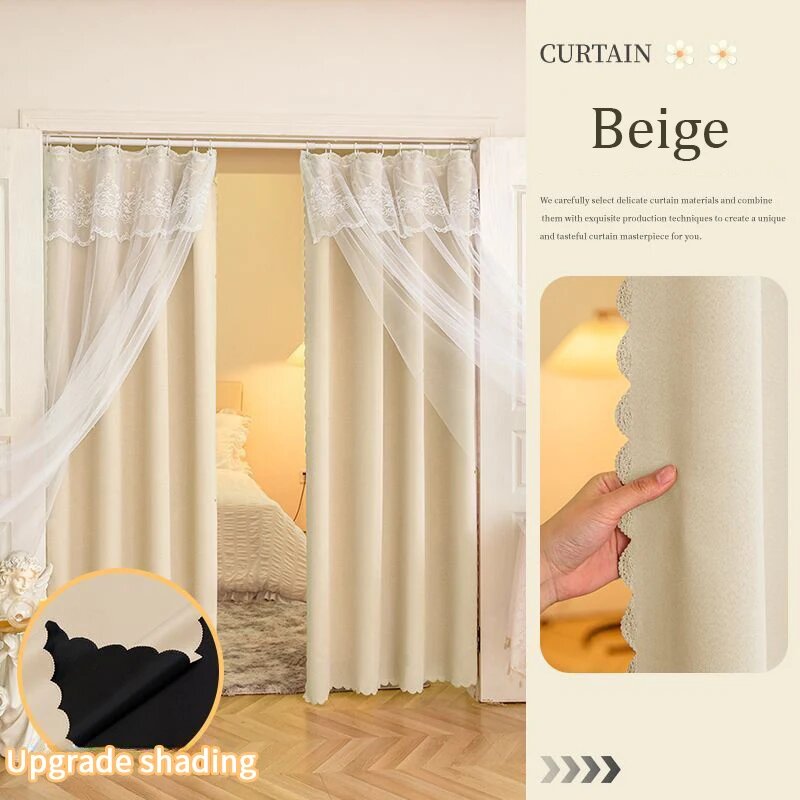 Двухслойные шторы из полиэстера и хлопка, европейский стиль 2pcs, 90x180cm, S1 Beige