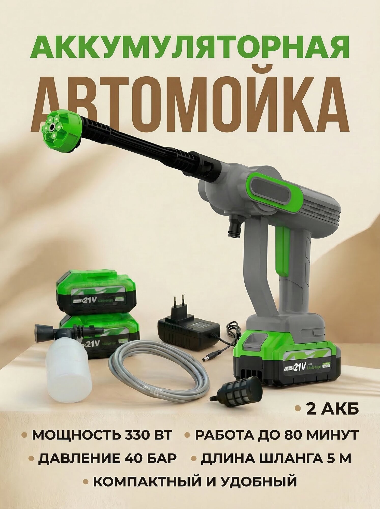 Мойка высокого давления аккумуляторная для автомобиля в кейсе, два аккумулятора 18,5 В, мини мойка с пистолетом