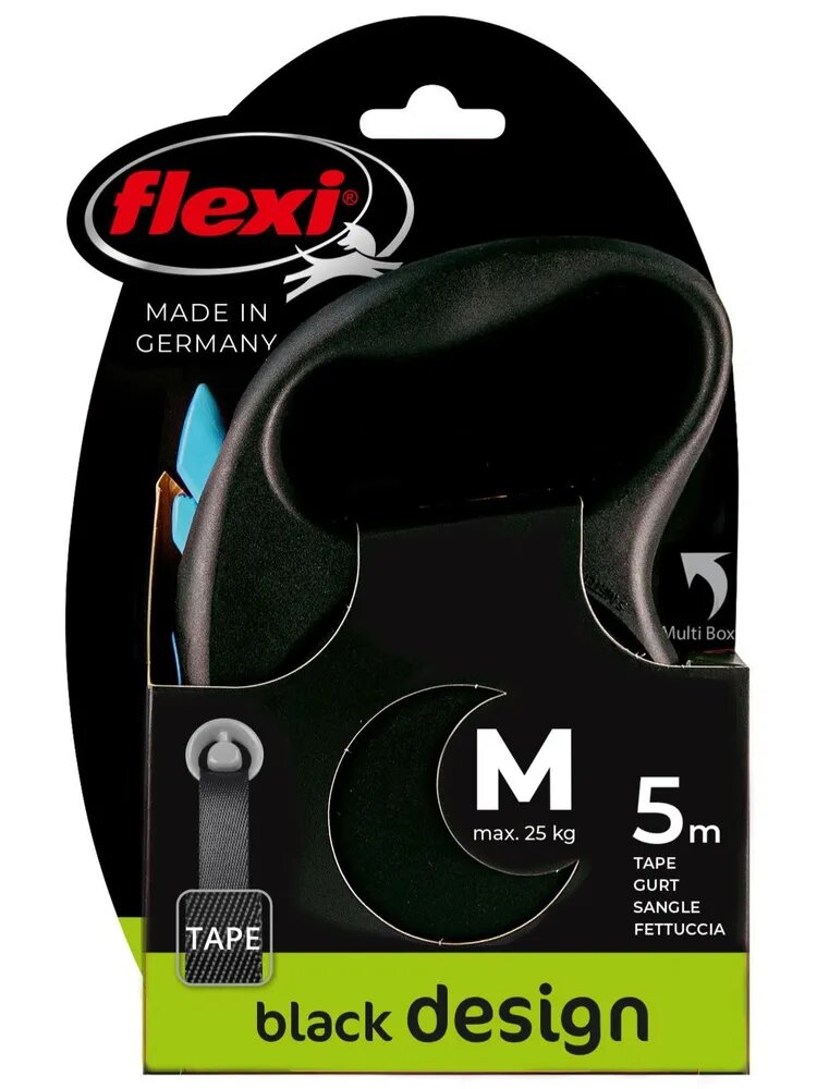 Поводок рулетка для собак Flexi Black Design M (до 25 кг) 5 м лента черный/серебро